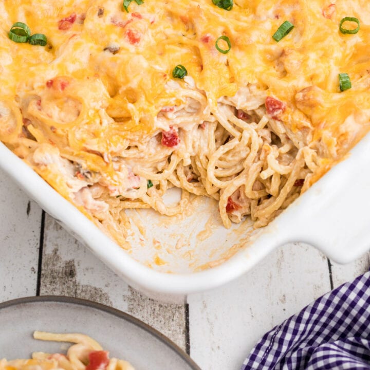 Cream Cheese Chicken Spaghetti Casserole with Rotel - Restless Chipotle